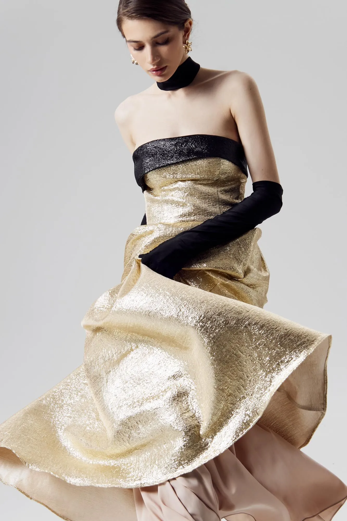 Платье-миди из жаккарда с отворотом 00004124 золотой купить в интернет-магазине Post Meridiem